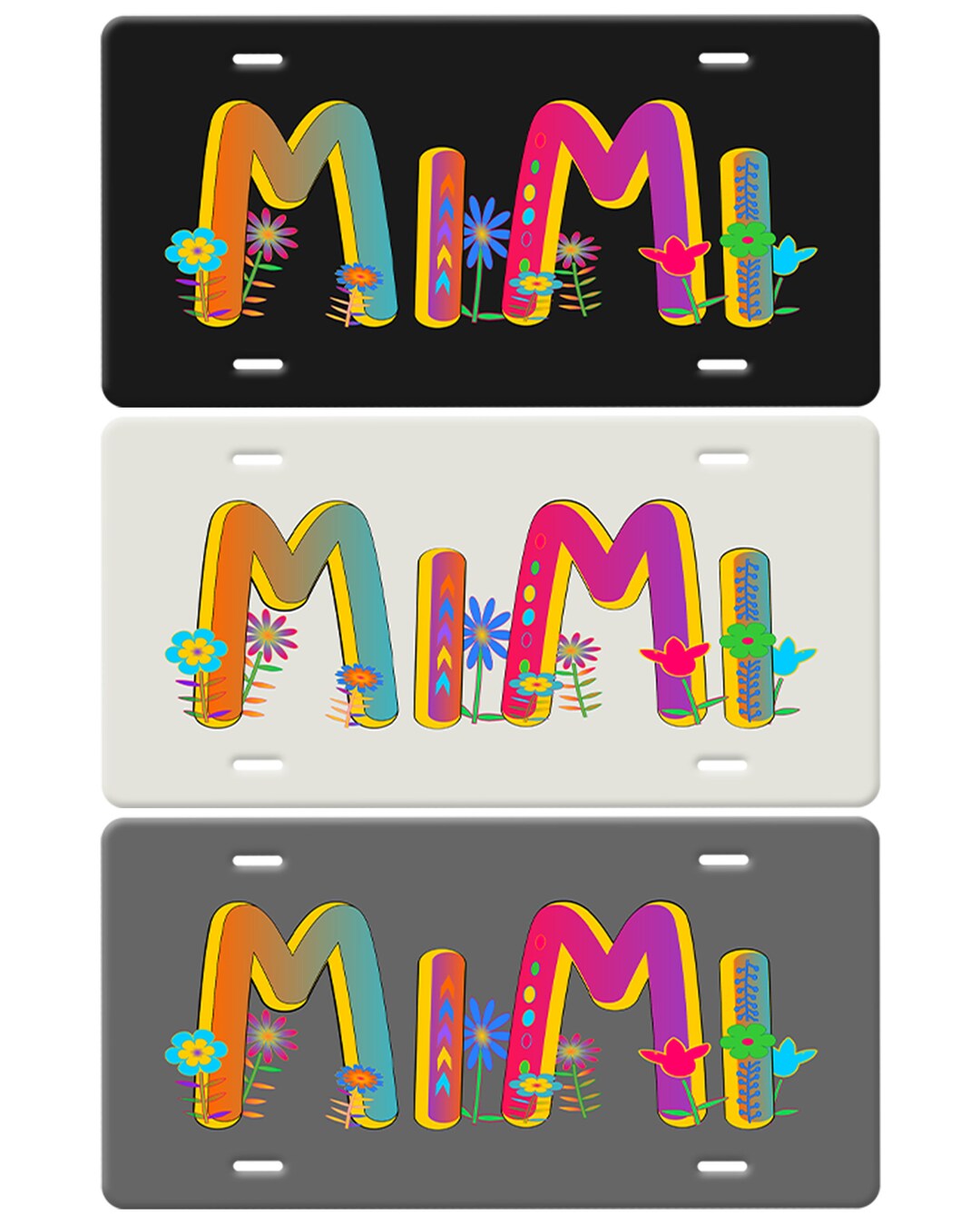 Mimi License Plate Rainbow Name and Whimsical Flowers-on A Black, Cream ...