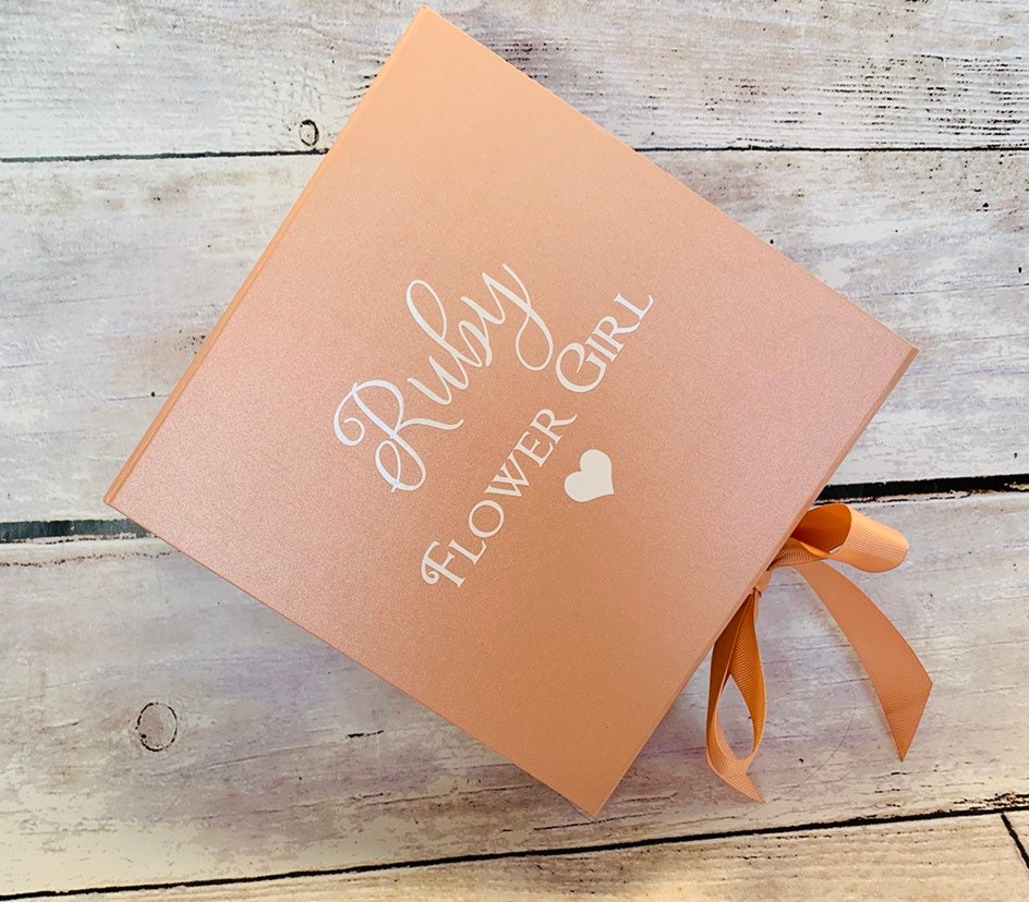 Personalised Flower Girl Gift Set Hamper Box Satin Robe Glass Wedding ...