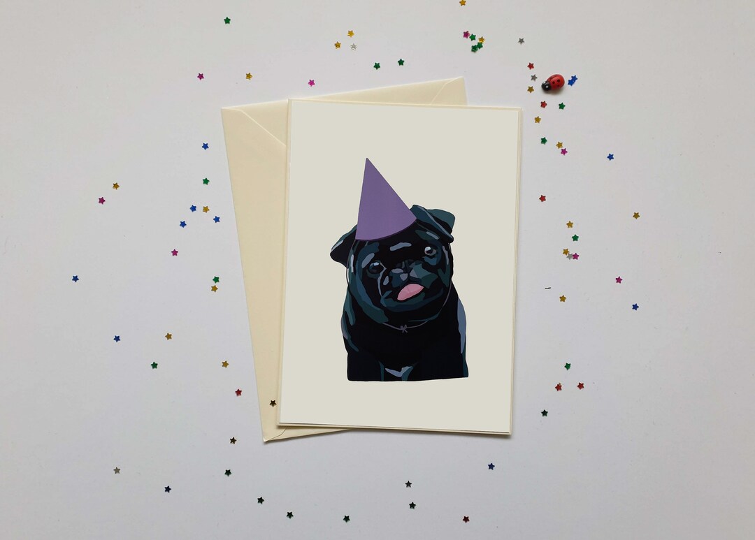Pug Wearing Party Hat Birthday Card | Greeting Card - Etsy