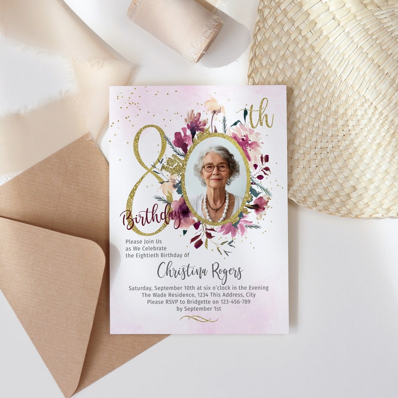 80th Birthday Invitation With Photo, 80 Year Old Invite With Picture ...