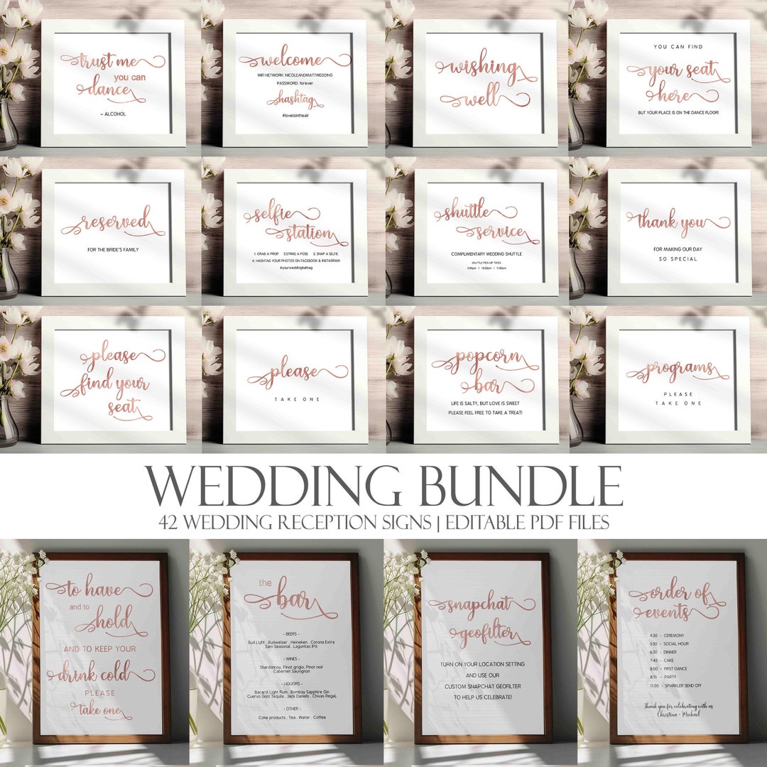 Rose Gold Wedding Signs Bundle, Wedding Signs Set, Printable Wedding ...