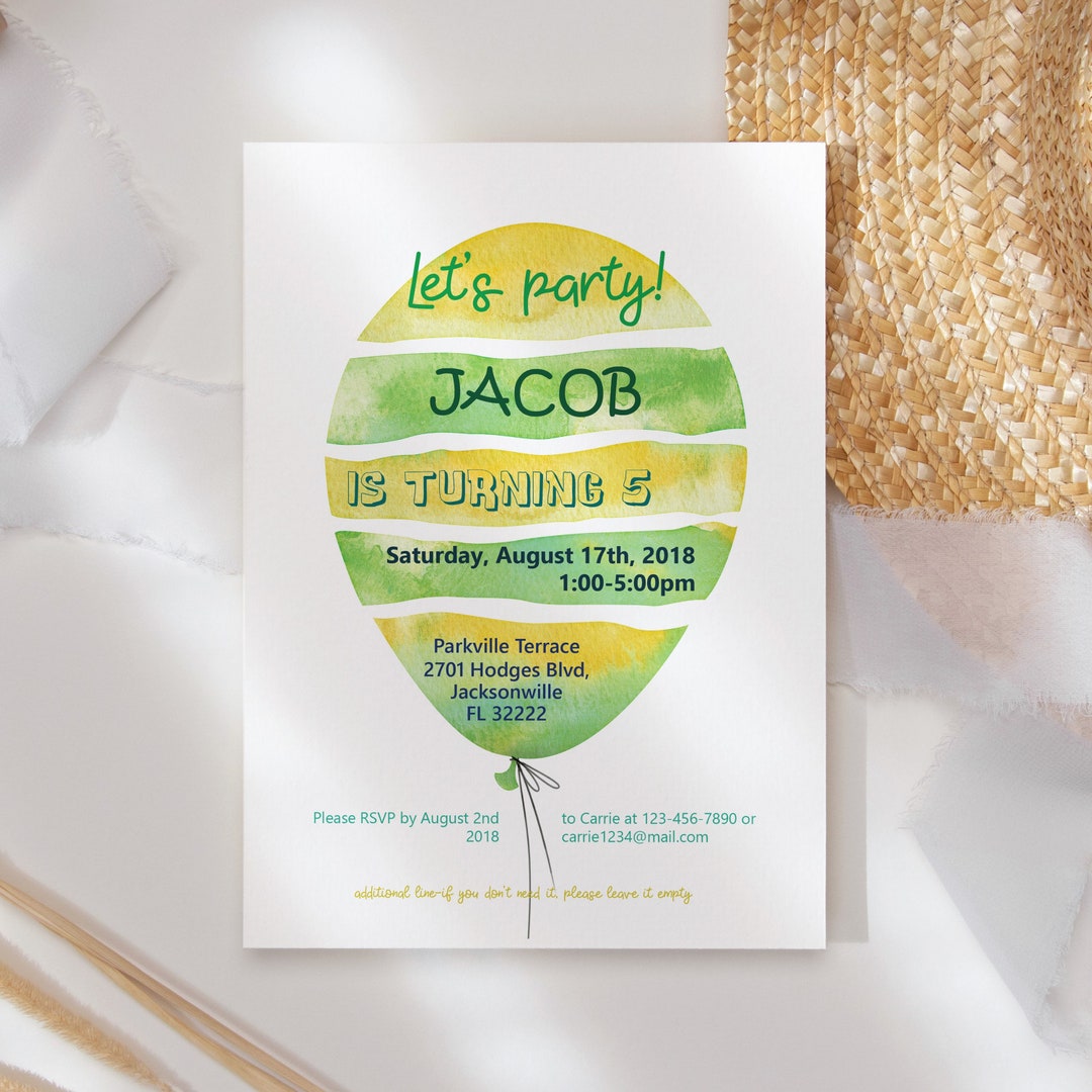 Balloon Birthday Invitation Boy, Yellow Green Watercolor Birthday ...
