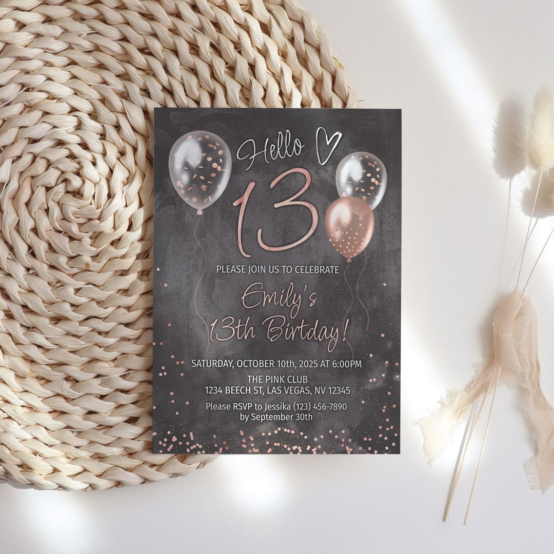 Hello 13 Birthday Party Invitation, Thirteen Rose Gold Confetti ...