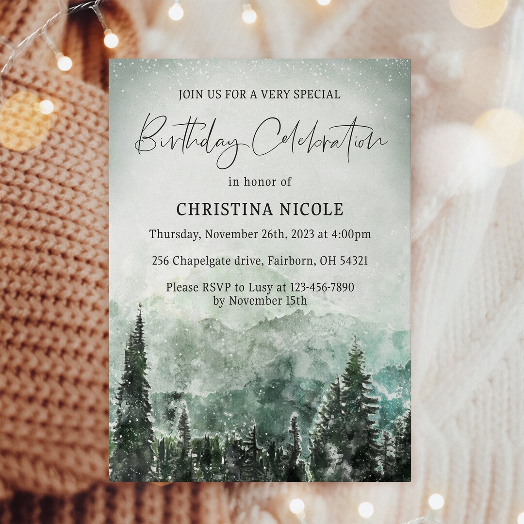 Evergreen Trees Birthday Invitation Winter Invite Green - Etsy