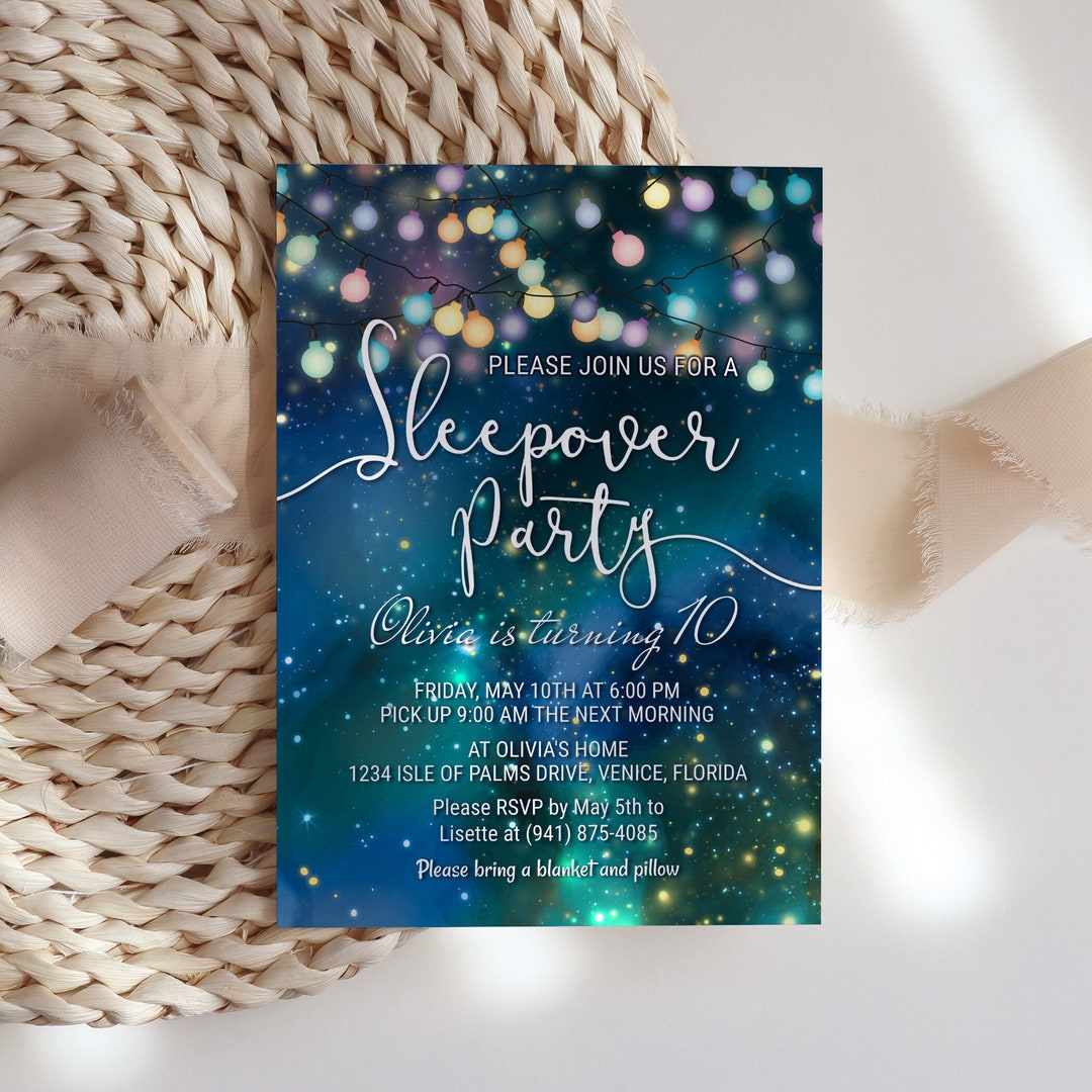Rainbow String Lights Sleepover Invitation, Blue Galaxy Invite for Boys ...