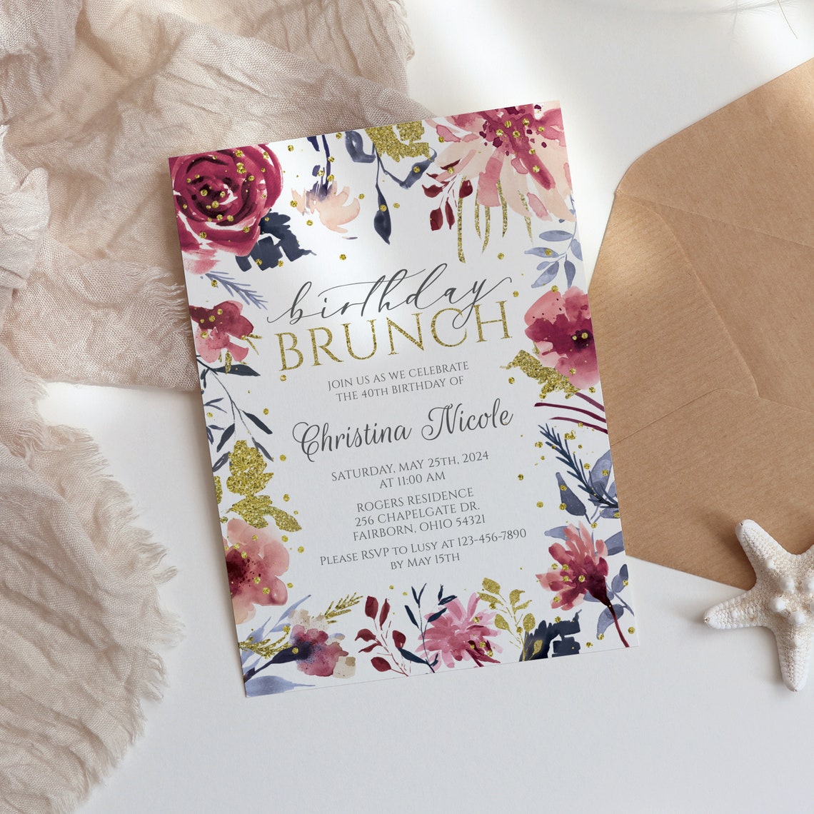 Birthday Brunch Invitation for Woman, 40th Birthday Invitation, Floral ...