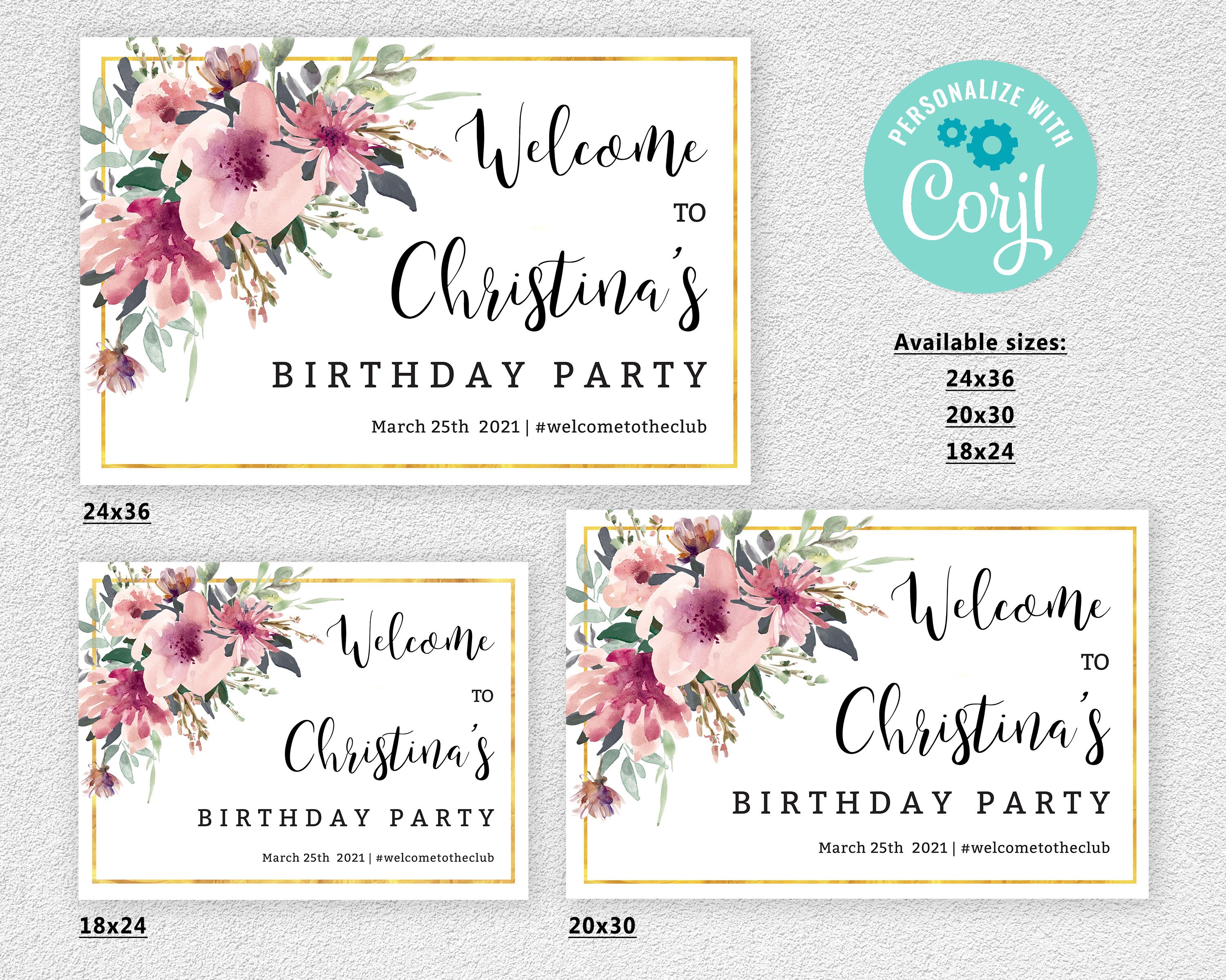 Horizontal Welcome Sign Welcome to Party Sign Floral Gold | Etsy