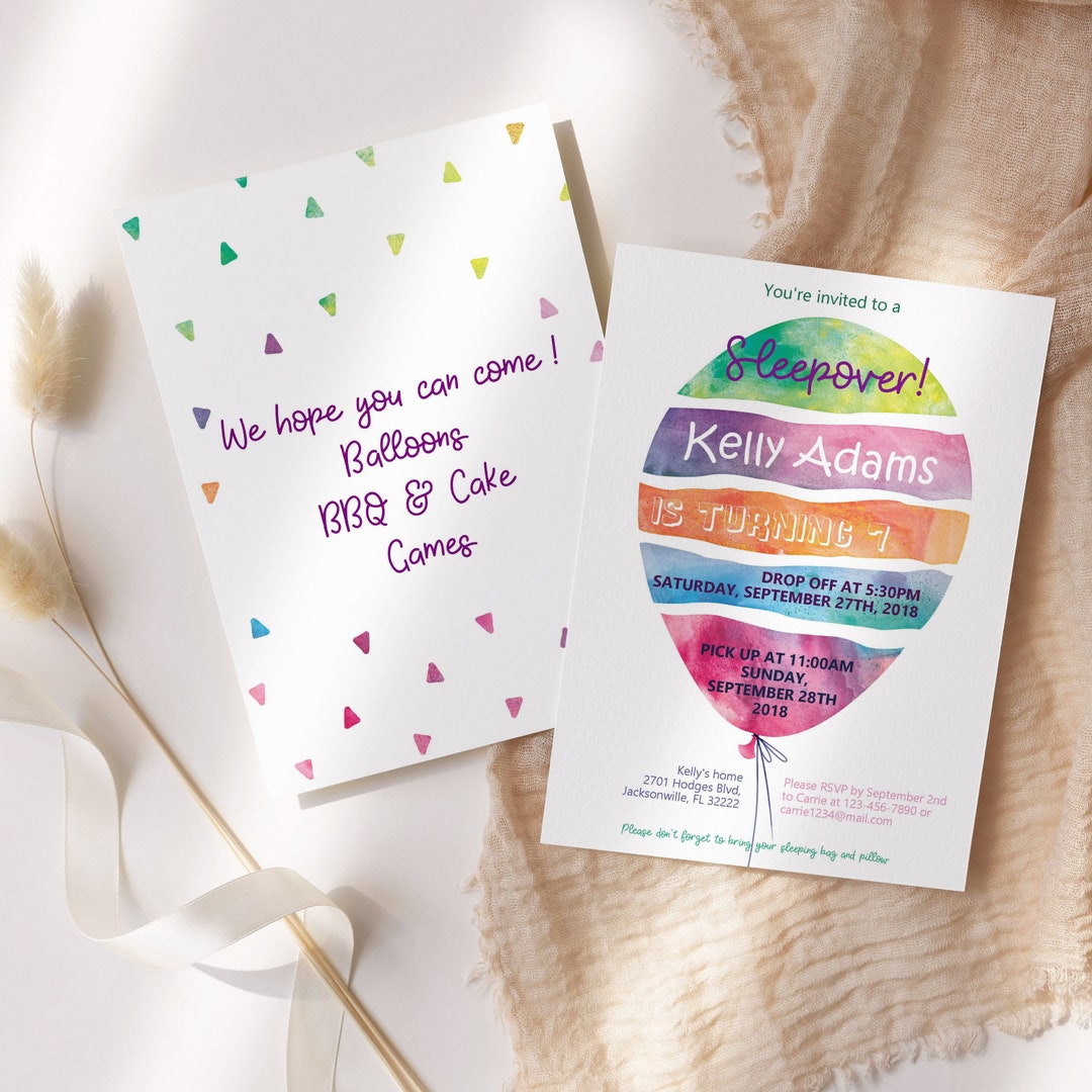 Rainbow Balloon Birthday Invitation, Cute Sleepover Party Invite ...