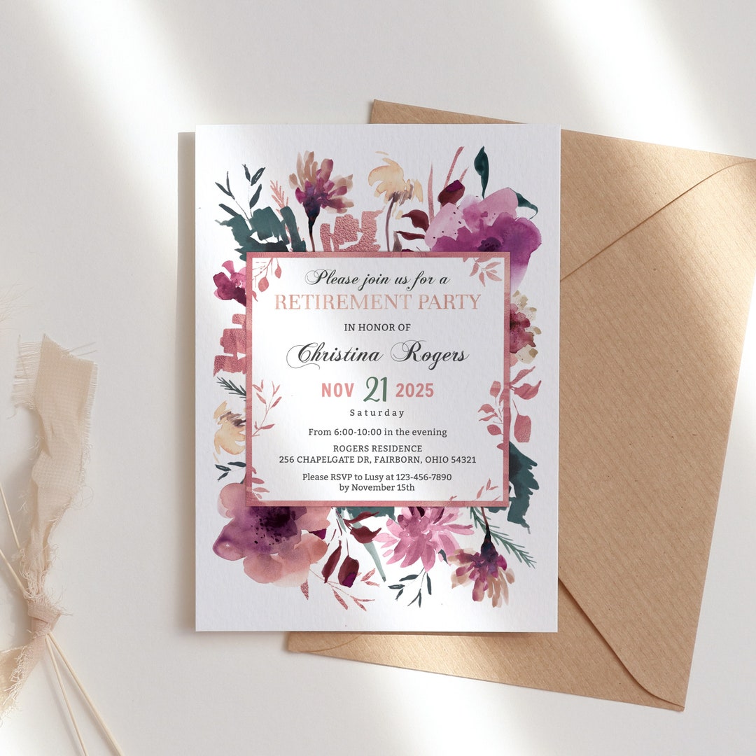 Elegant Retirement Party Invitation, Beautiful Floral Retirement ...