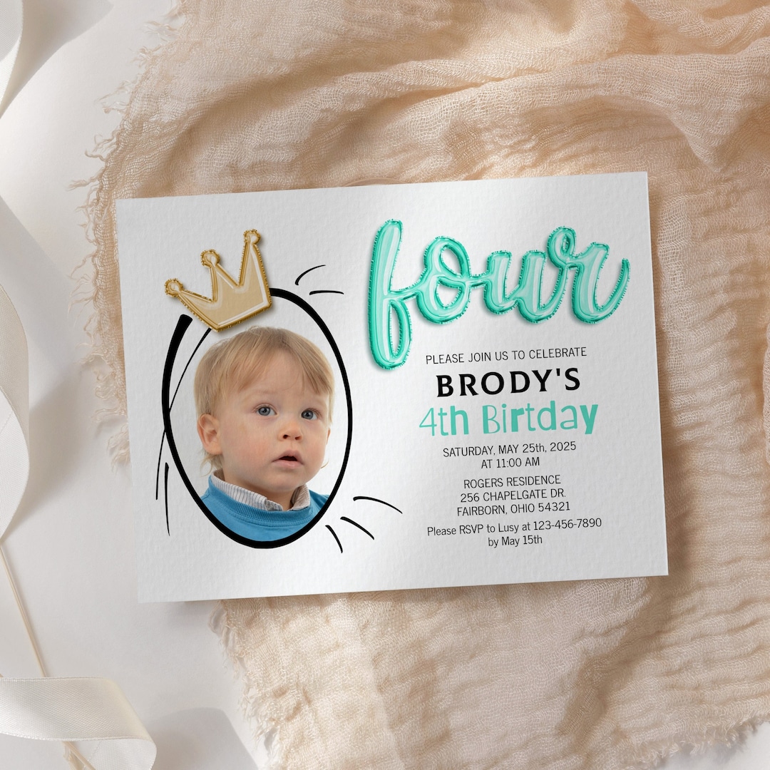 4th Birthday Invitation for Boys With Photo, Customizable Prince ...