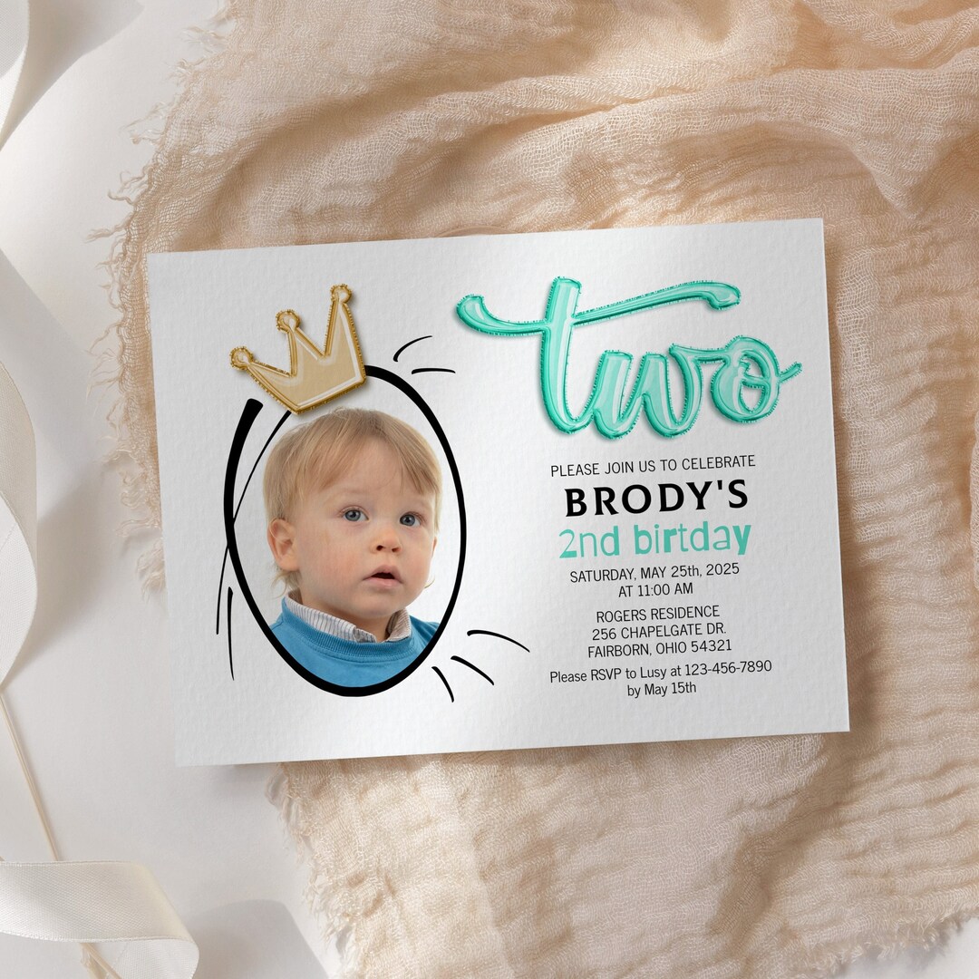 2nd Birthday Invite With Photo for Boys, 2nd Golden Birthday Boy Invite ...