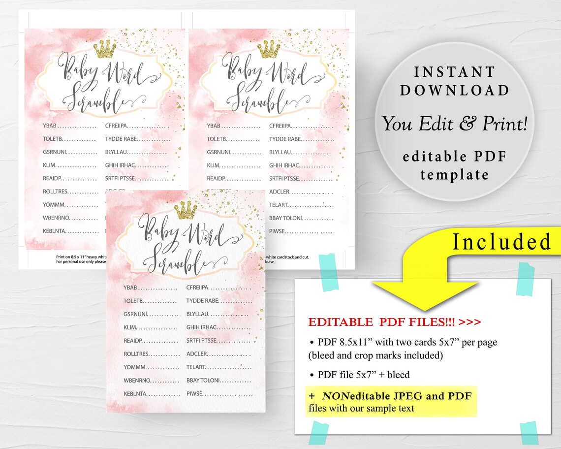 Baby Word Scramble Game Princess Baby Shower Word Scramble | Etsy