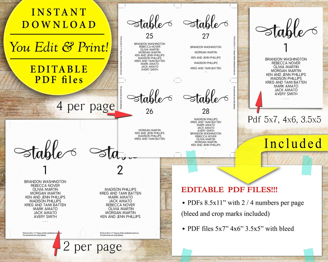 Printable Wedding Seating Chart Template 5x7 4x6 and 3.5x5 | Etsy