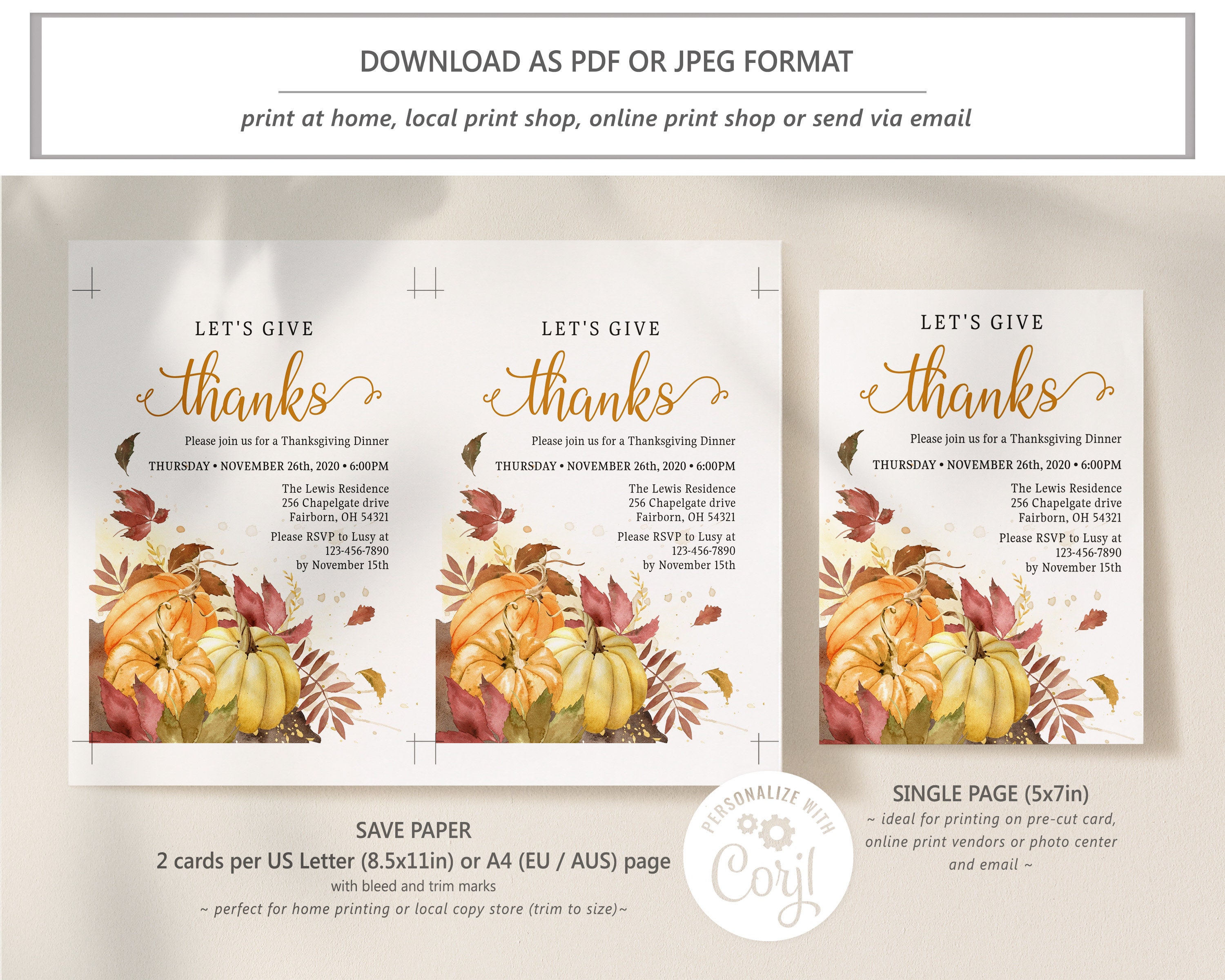 Thanksgiving Dinner Invitation Let's give Thanks | Etsy