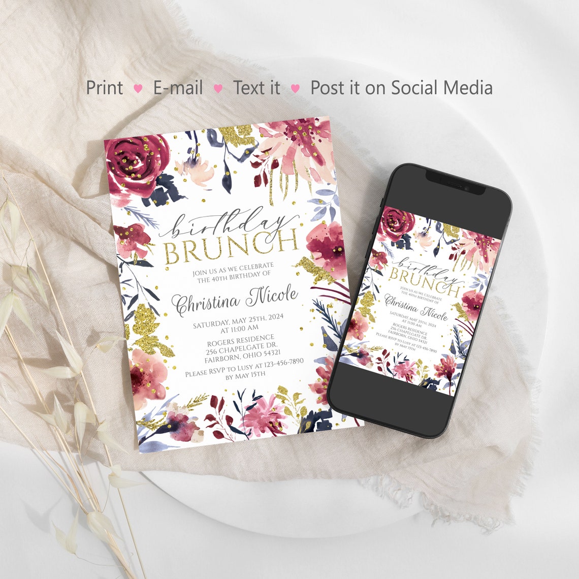 Birthday Brunch Invitation for Woman, 40th Birthday Invitation, Floral ...