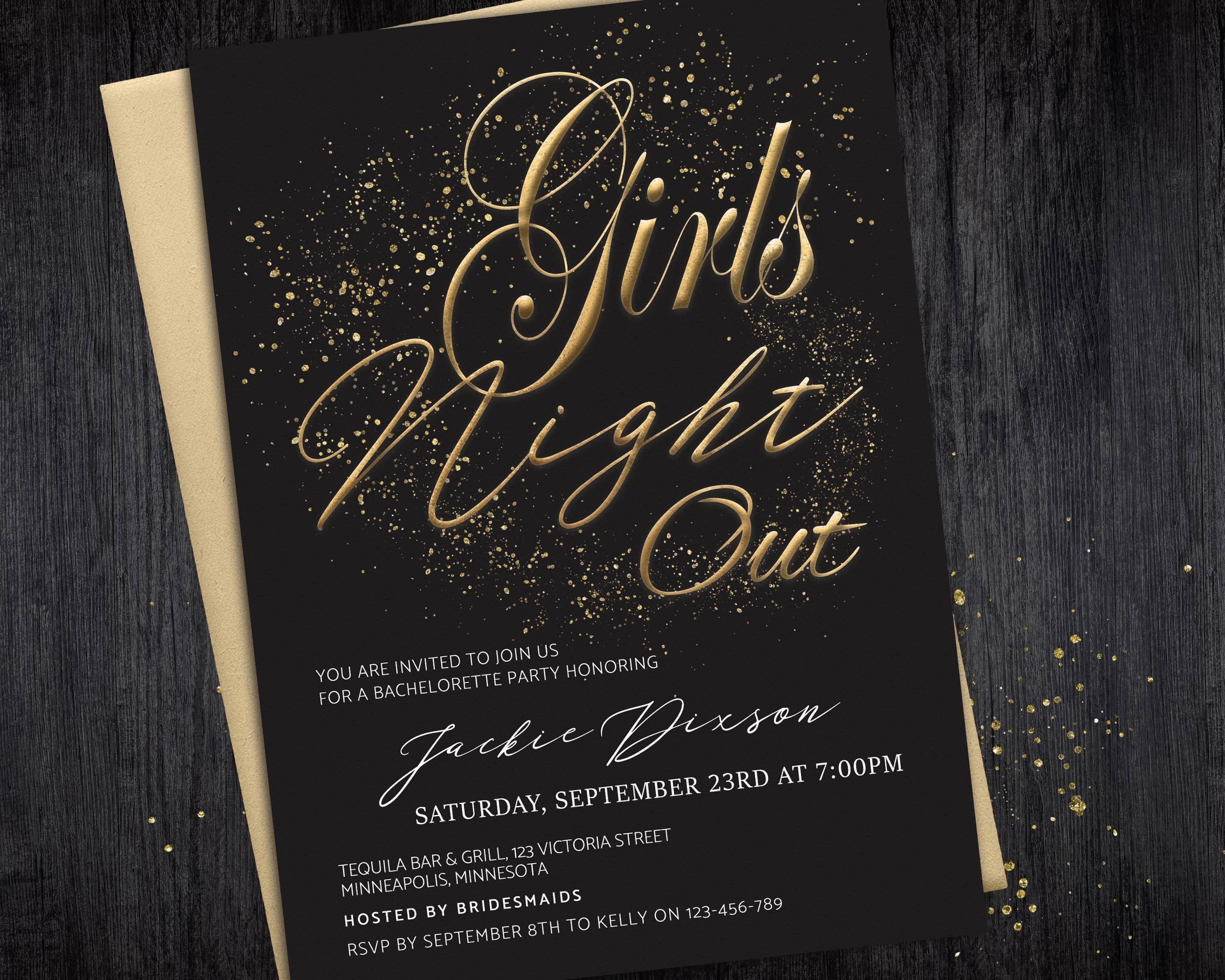 GIRLS NIGHT OUT Invitation Faux Foil Glitter Gold Black | Etsy