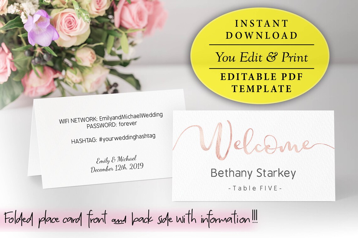 Rose Gold Place Cards Editable PDF Template Wedding Welcome | Etsy
