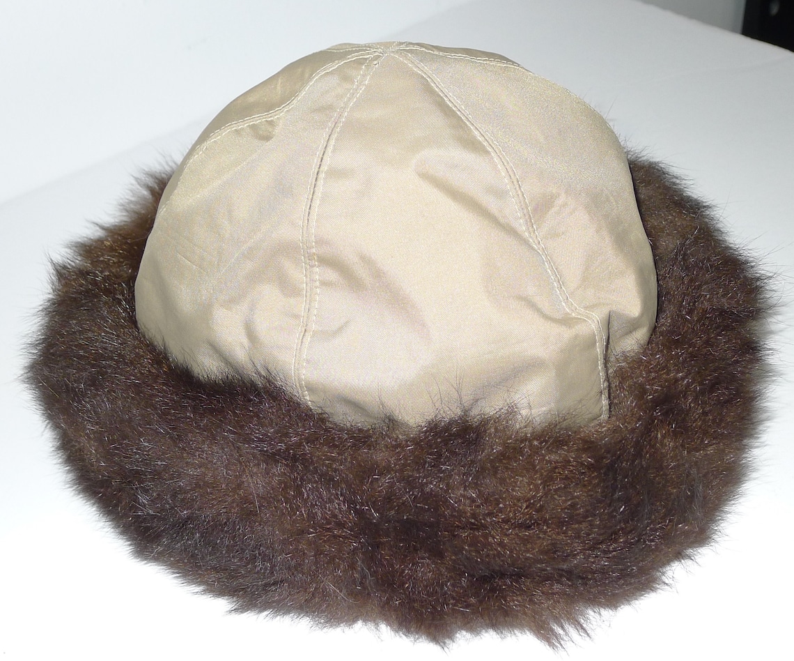 Comfortable Preowned Brown Opossum Fur Hat With Beige Polyester Top. M ...