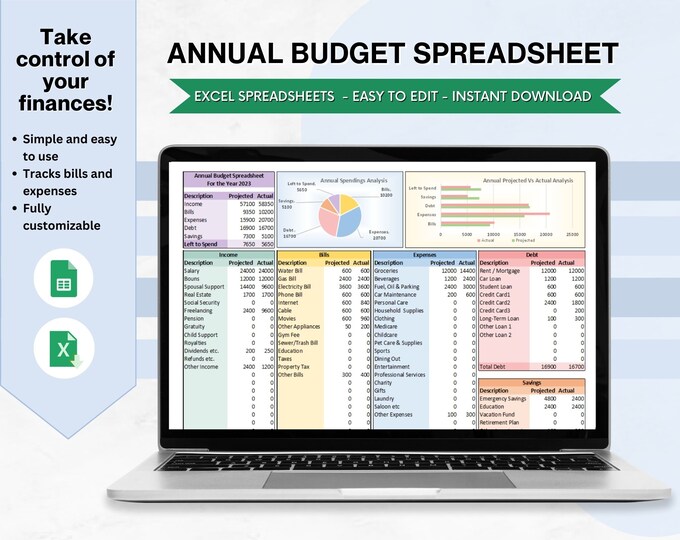 Rose Pink Annual Budget - Excel Spreadsheet - Google Sheet - Digital ...