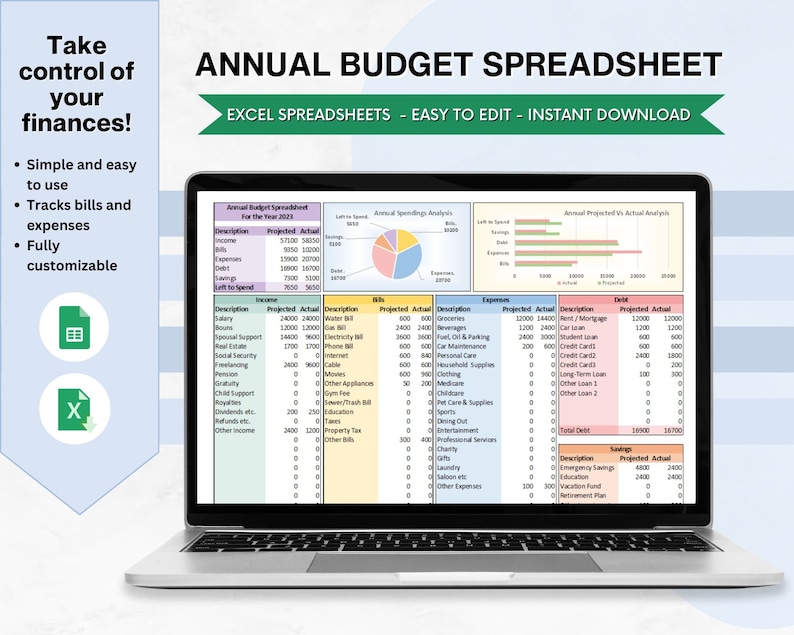 Annual Budget Spreadsheet - Excel Template for Yearly Budgeting and ...