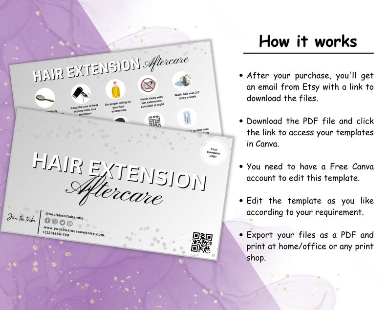 Hair Extension Aftercare Card Template | Salon Form (digital Download ...