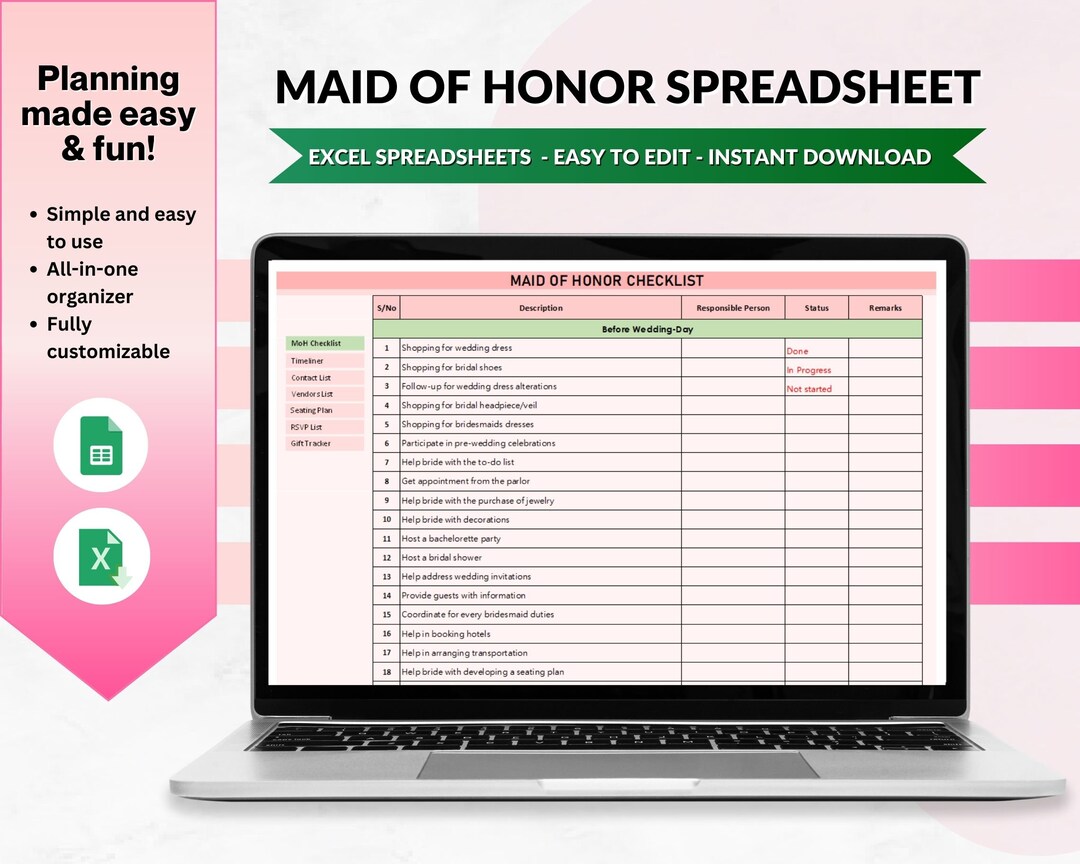 Maid of Honor Planning Spreadsheet, Bachelorette Party, Digital Wedding ...