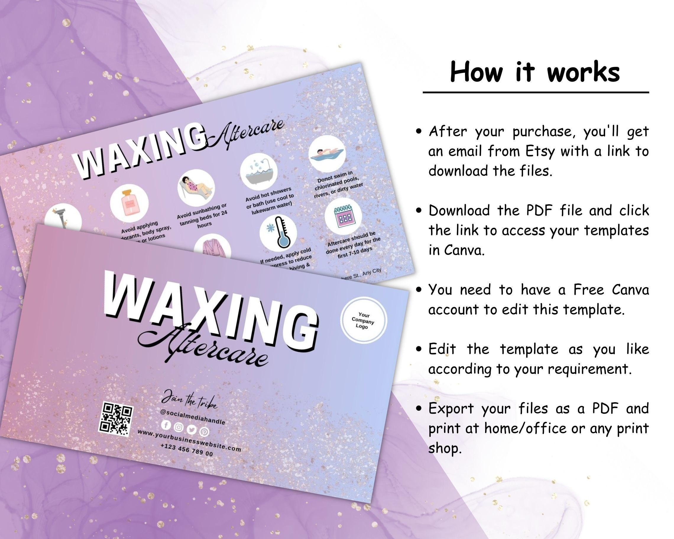 Waxing After Care Card Template | Printable Care Instructions | Instant ...