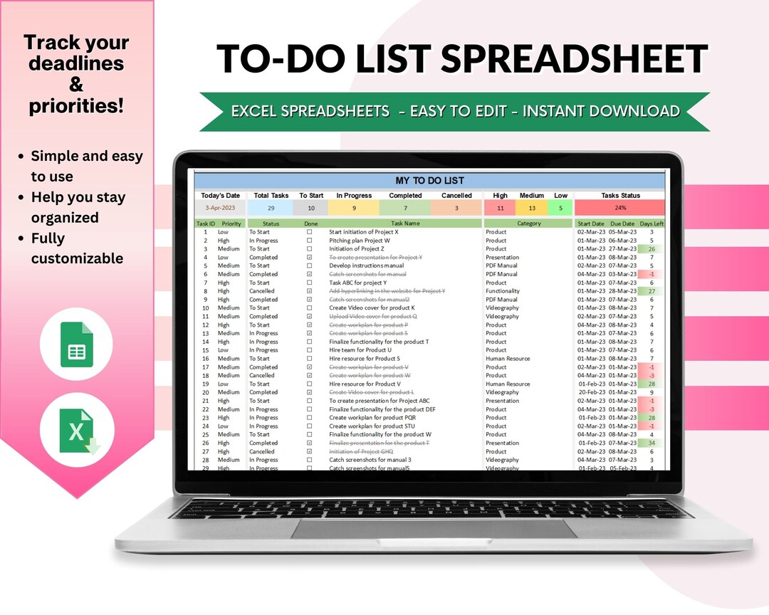 To Do List Excel Spreadsheet, Excel to Do List, Task Planner ...