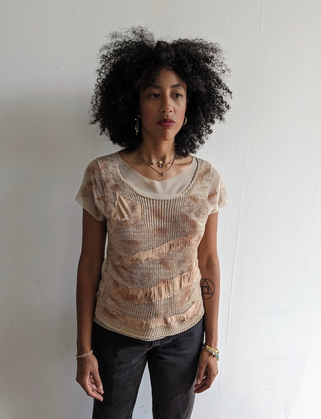 Knit & Mesh Layered Top With Leather Patches - Etsy