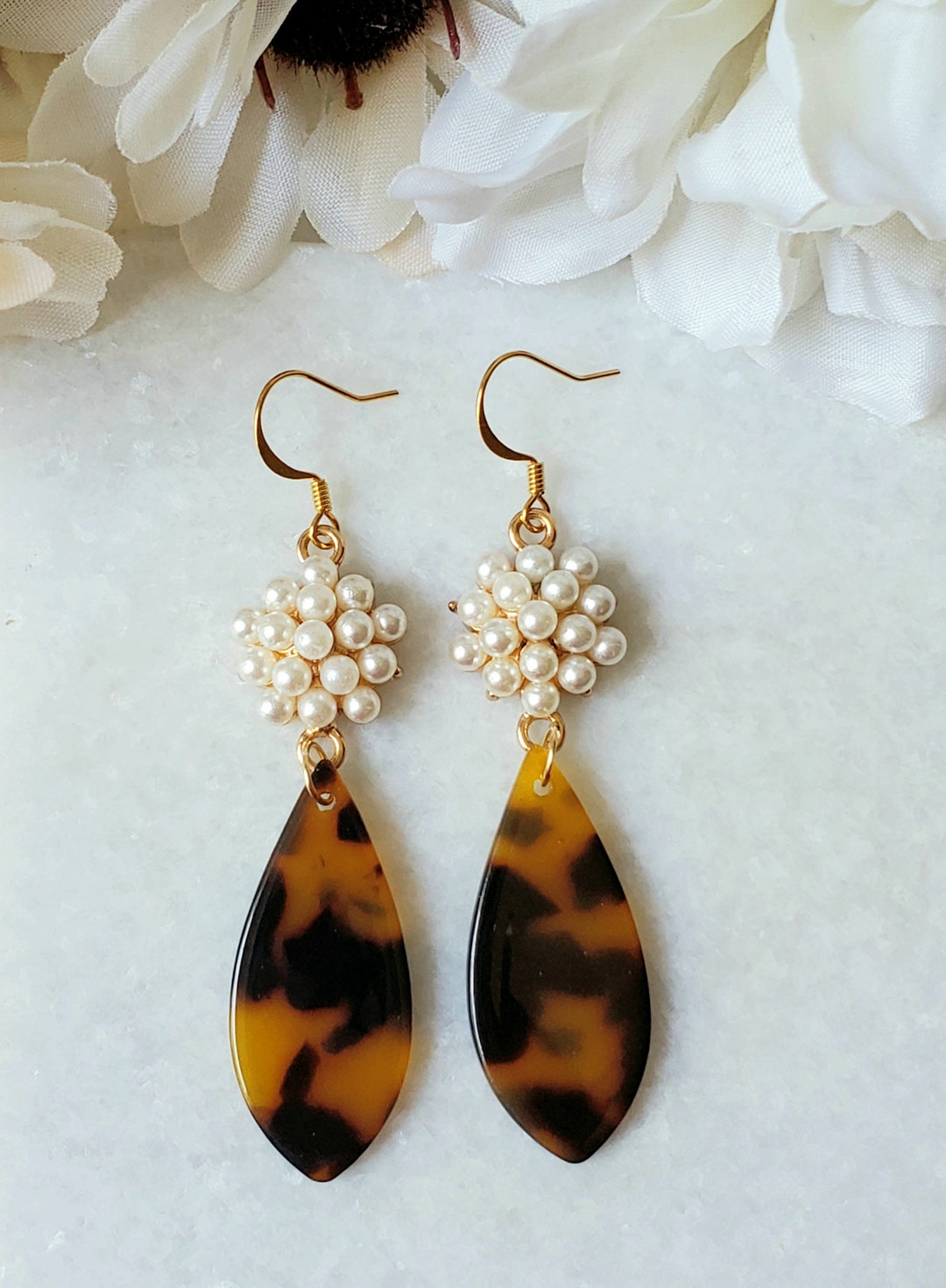 Tortoise Shell Resin, White Pearl Cluster, Gold Marquise Drops - Etsy