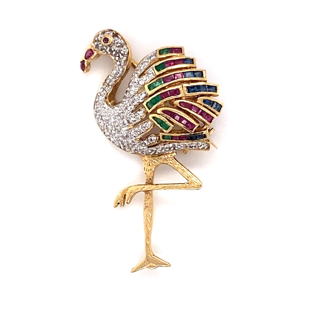 Circa 1970s Flamingo Pin Featuring Ruby, Sapphire, Emerald in 18 Karat ...