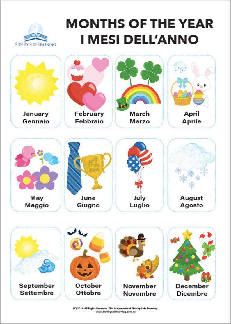 English/italian Poster Pack- Numbers, Animals, Colours and Months - Etsy