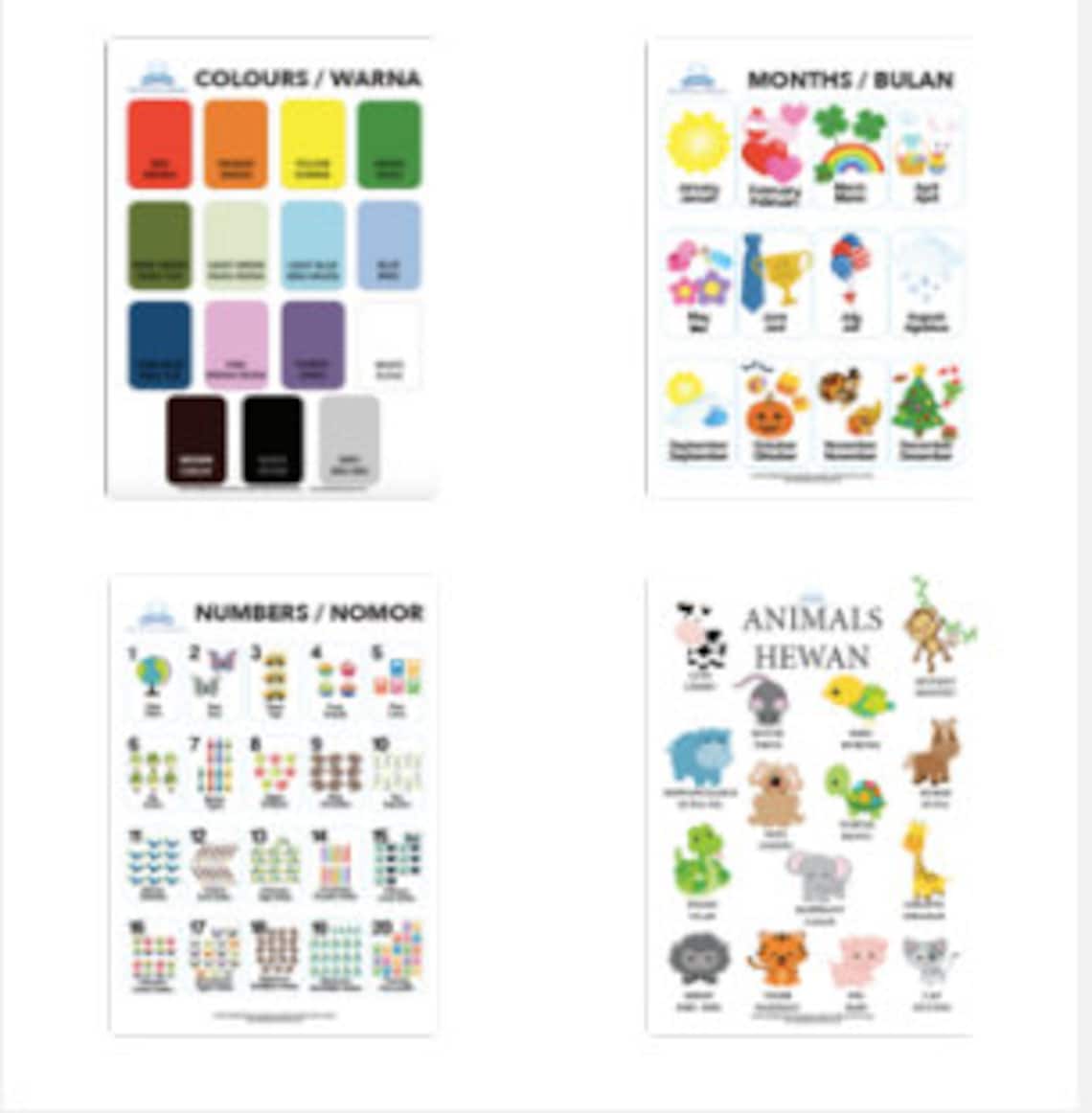 English/bahasa Indonesia Poster Pack- Numbers, Animals, Colours and ...