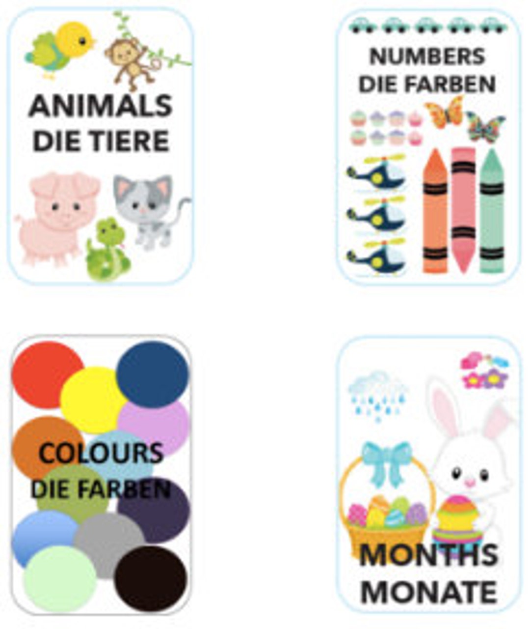 English/german Flash Cards - Numbers, Animals, Colours and Months - Etsy