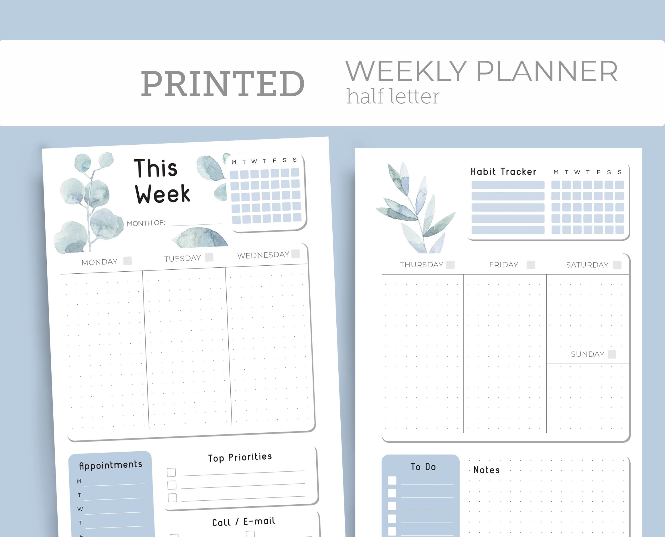 PRINTED Weekly Planner Inserts, Undated Agenda Refill, Wo2p, Week on ...