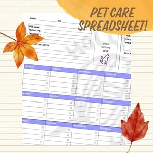 Pet Care Spreadsheet Template Cat/dog Instruction Print Out for House ...