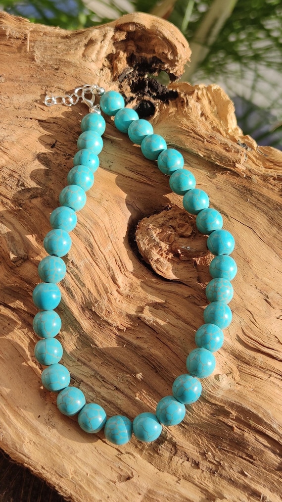 Turquoise choker necklace handpainted 12 mm stone teal woman choker gemstone necklace turquoise natural gemstone chunky choker gift idea blu