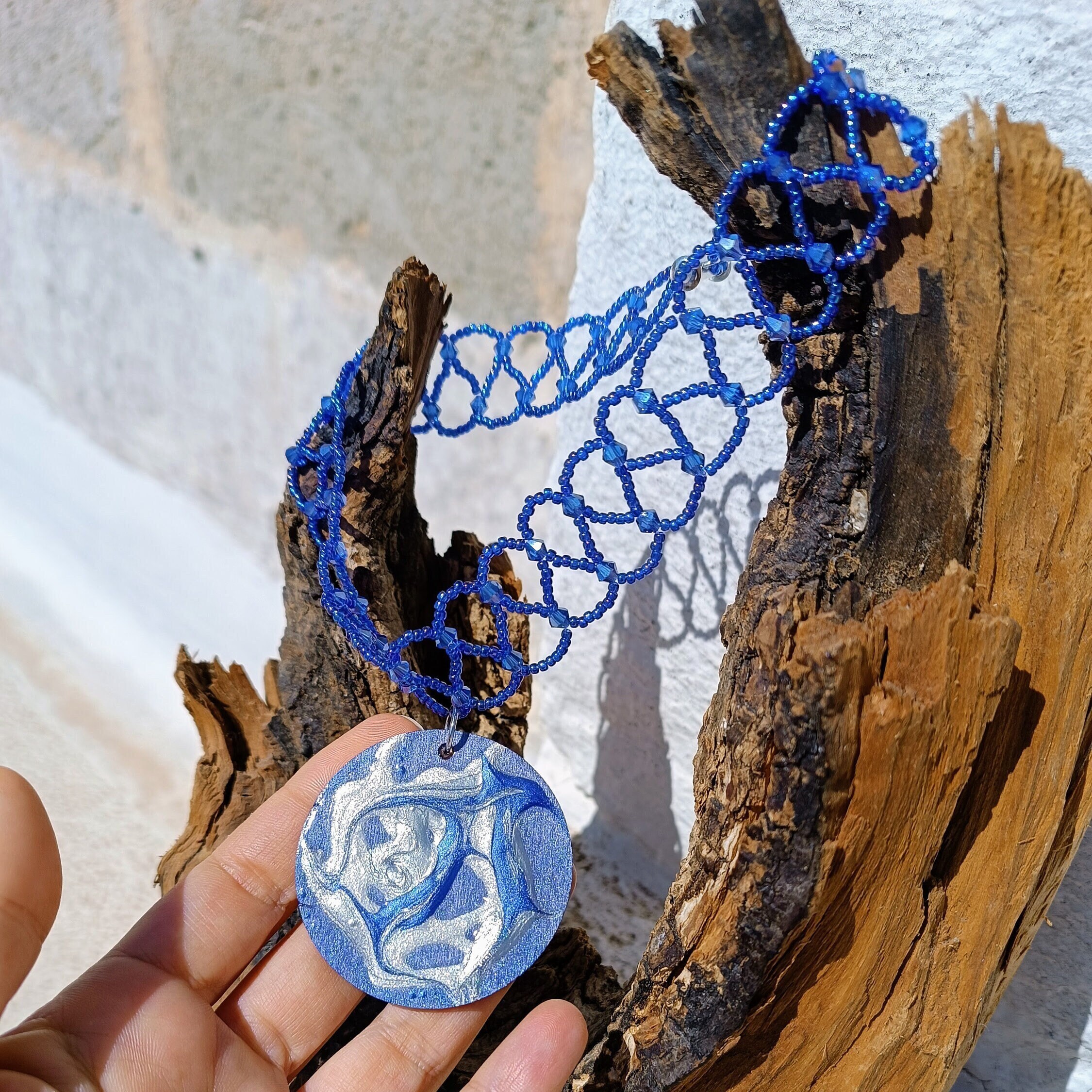 Beaded Collar Choker Painting Blue Bicone Seed Bead Collar Choker Blue ...