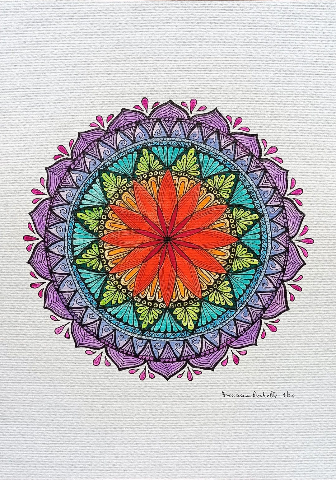 Original Colorful Mandala Art: Hand-drawn Ink & Gouache Painting, 10x14 ...