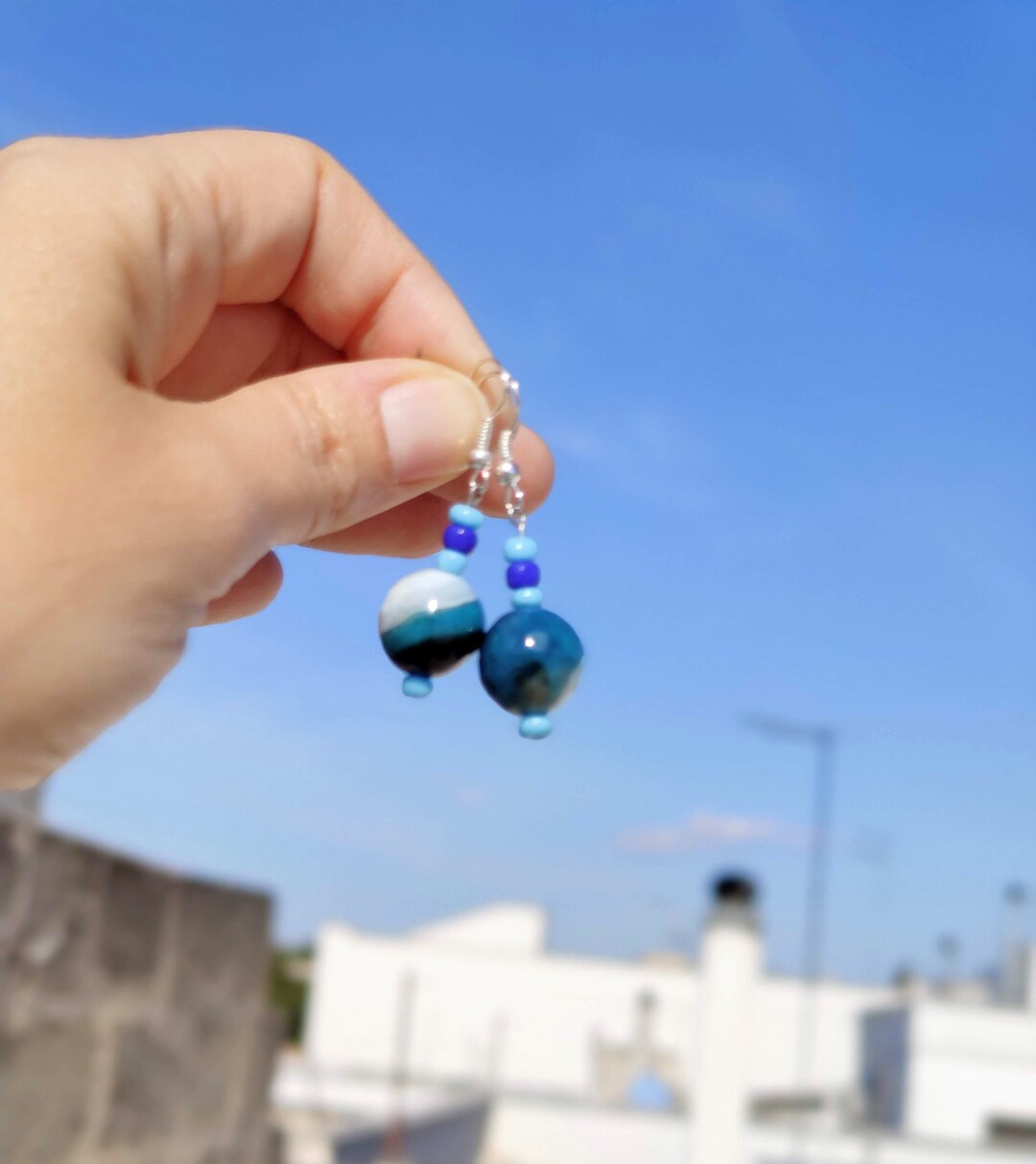 Ocean Gemstone Earrings Agate Natural Stone Earrings Blue - Etsy