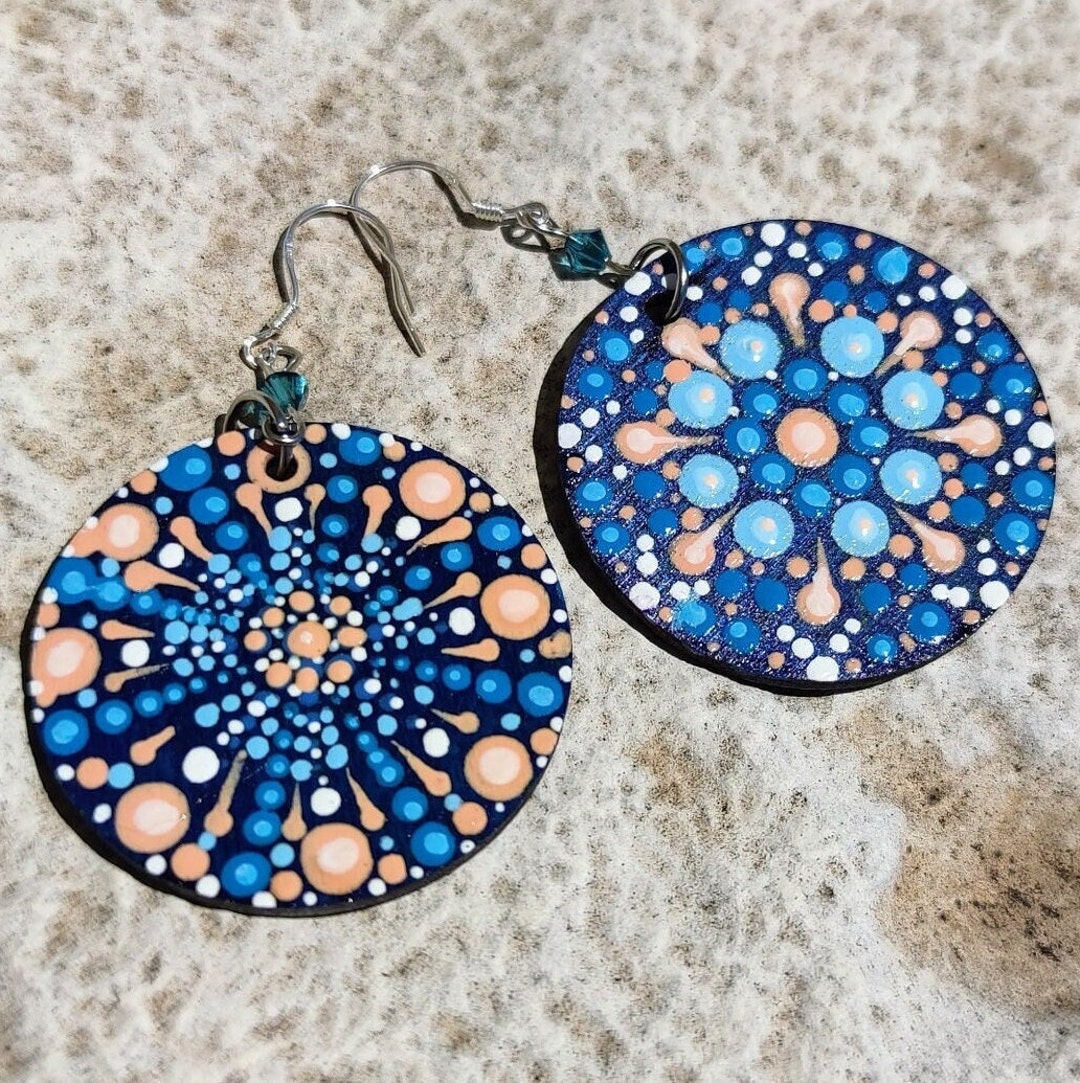 Mandala Earring Asymmetrical Hand Painted Earring Mandala Wood Earring ...