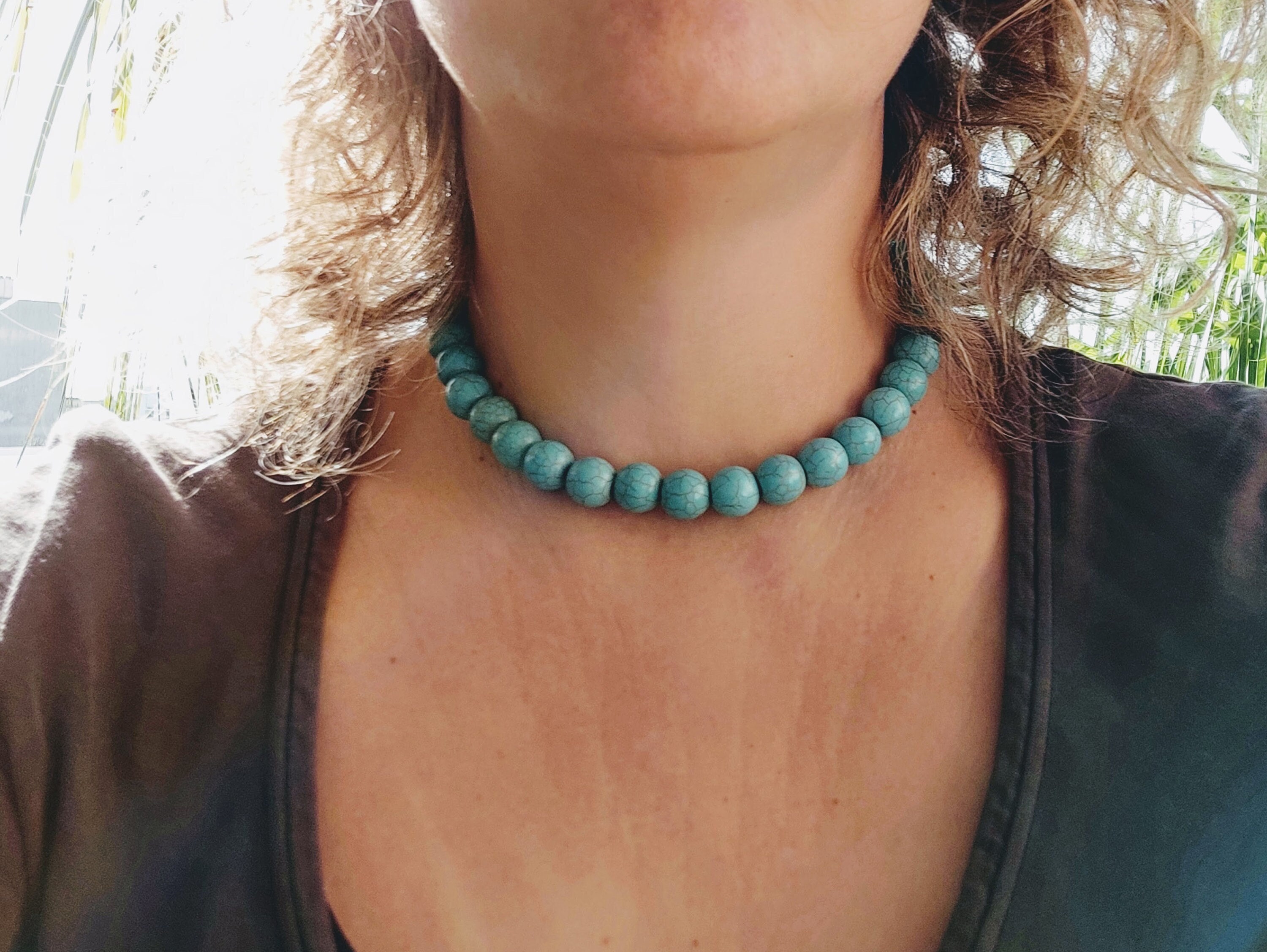 Turquoise Choker Necklace, 12 Mm. Stone Turquoise Choker, Gemstone ...