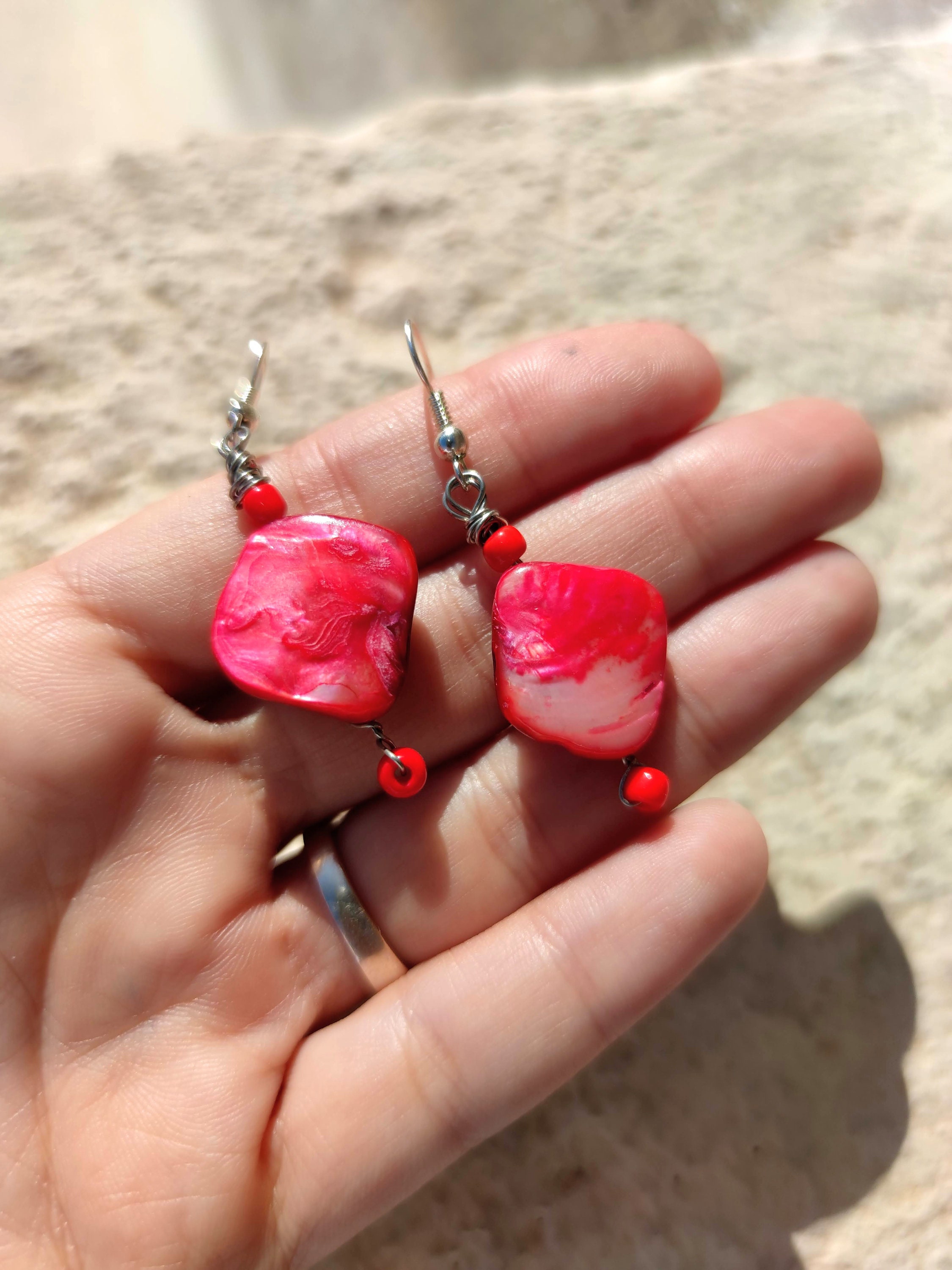 Red Earrings Nacre Mother of Pearl, Drop Dangle Earrings Red, Red Nacre ...