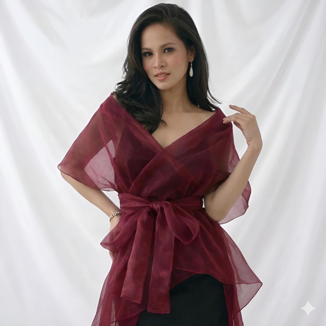Modern Filipiniana MAROON Organza Wrap Dress | Philippine Made Sheer ...