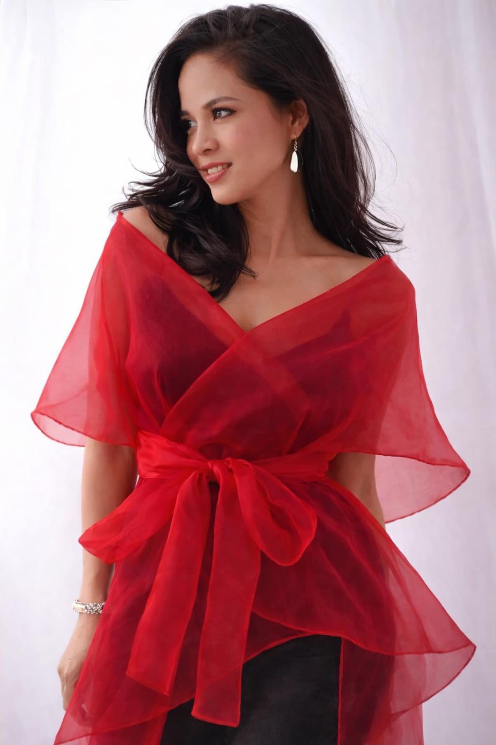 Modern Filipiniana ROSE RED Organza Wrap Dress | Philippine Made Sheer ...