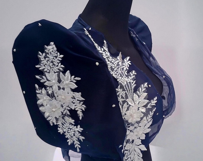 Deep Blue Filipiniana Bolero Organza With Floral Appliqué, Sheer ...