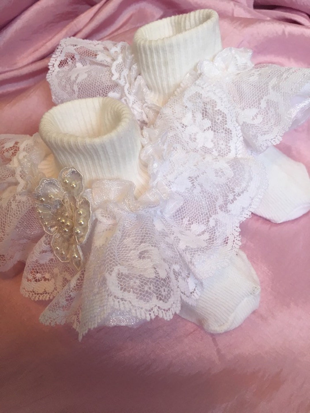 Girls Fancy Lace Pageant Socks Accented With Pearl Beaded 3D Flower - Etsy