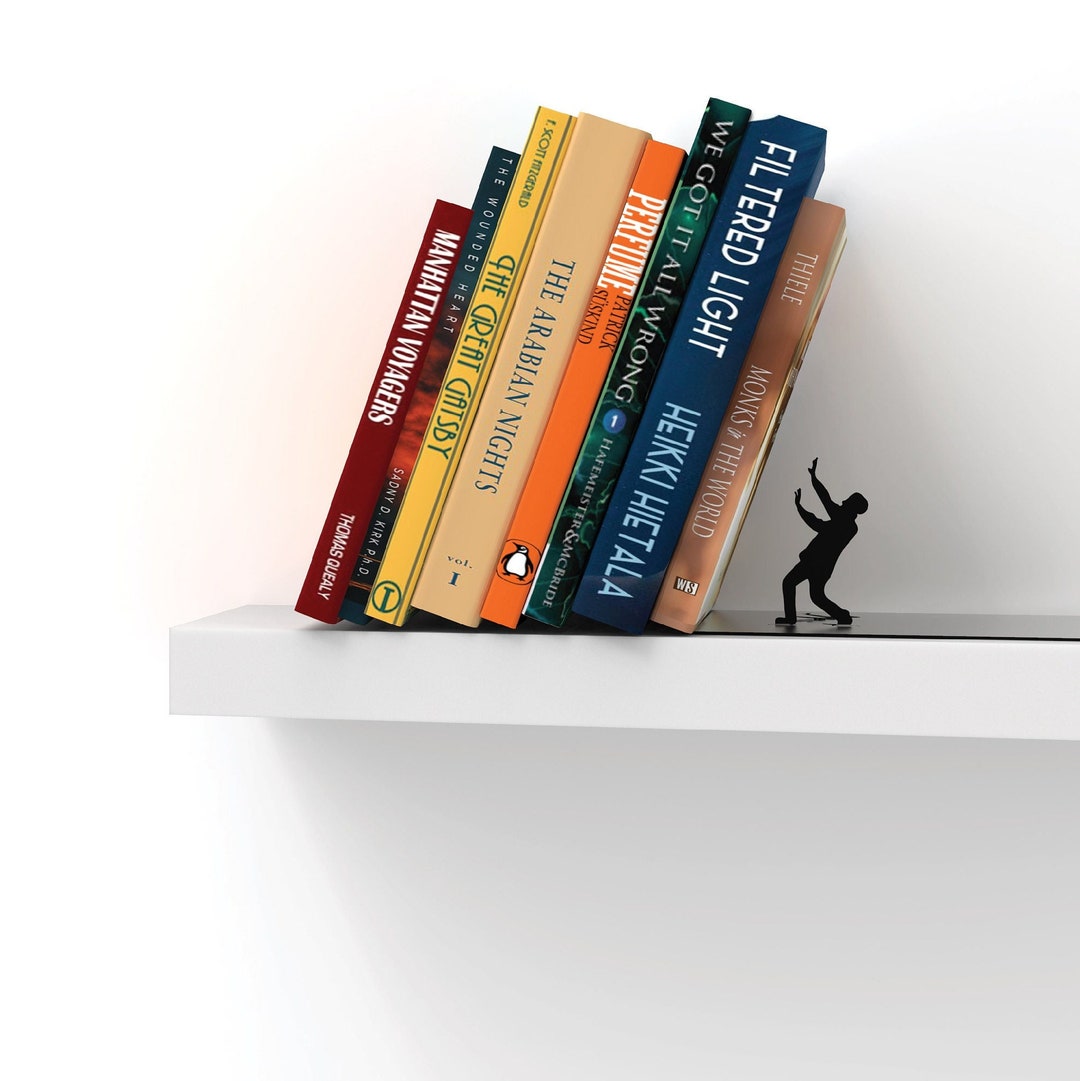 Falling Bookend – Unique Metal Book Holder | Minimalist Bookshelf Decor ...