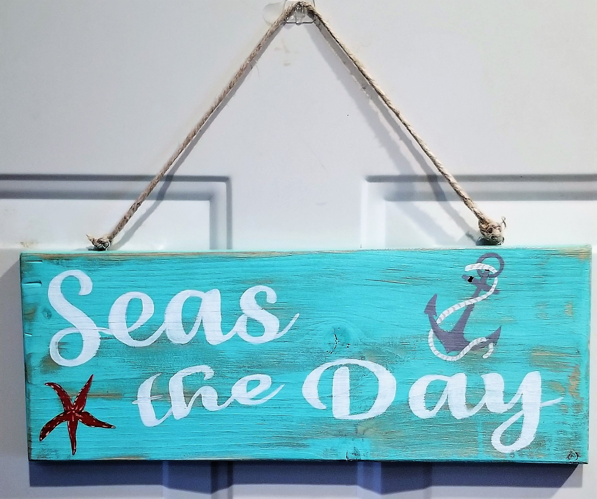 Handmade Wooden Sign That Says " Seas the Day", Painted Beach Signs ...