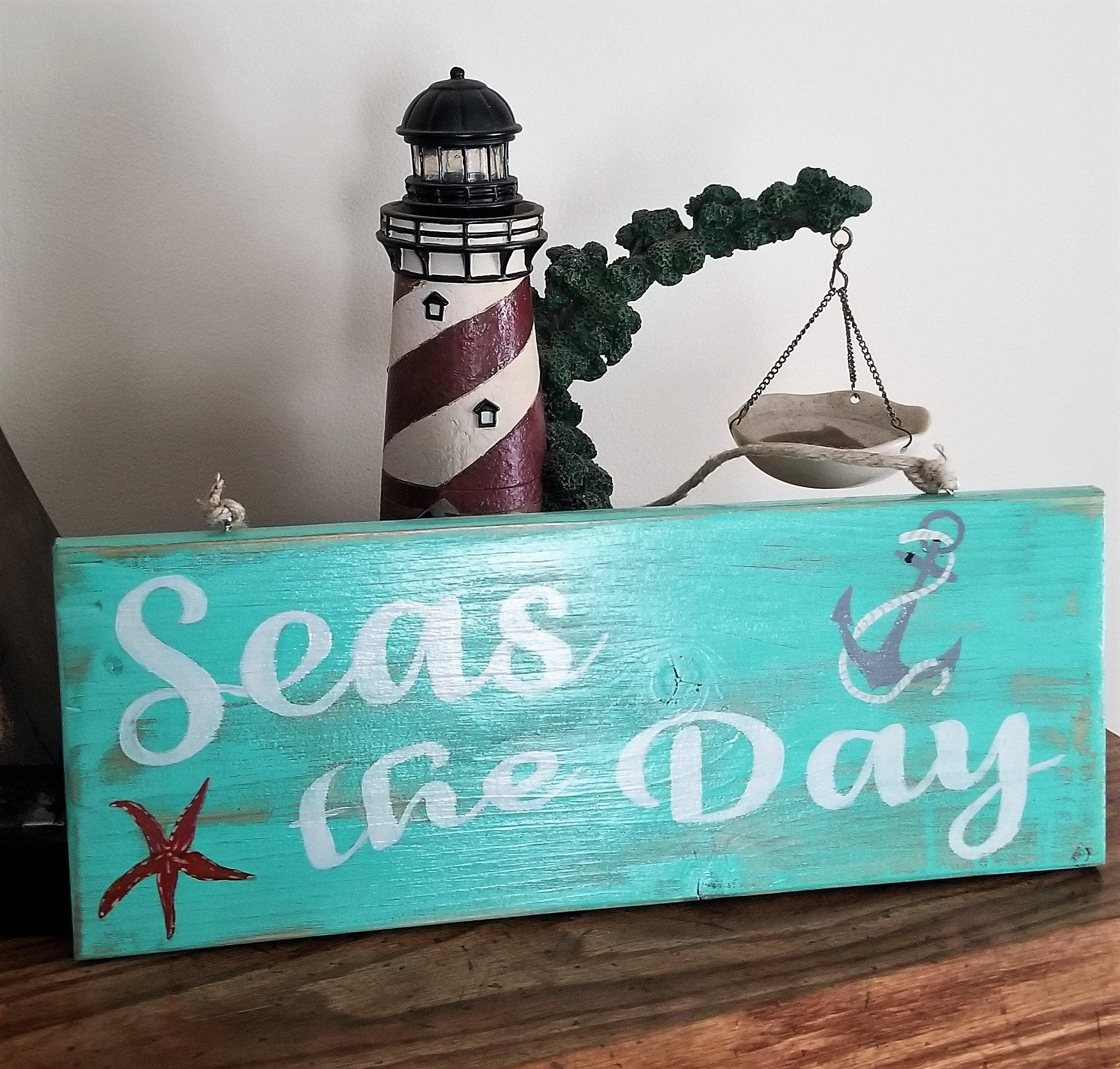 Handmade Wooden Sign That Says " Seas the Day", Painted Beach Signs ...
